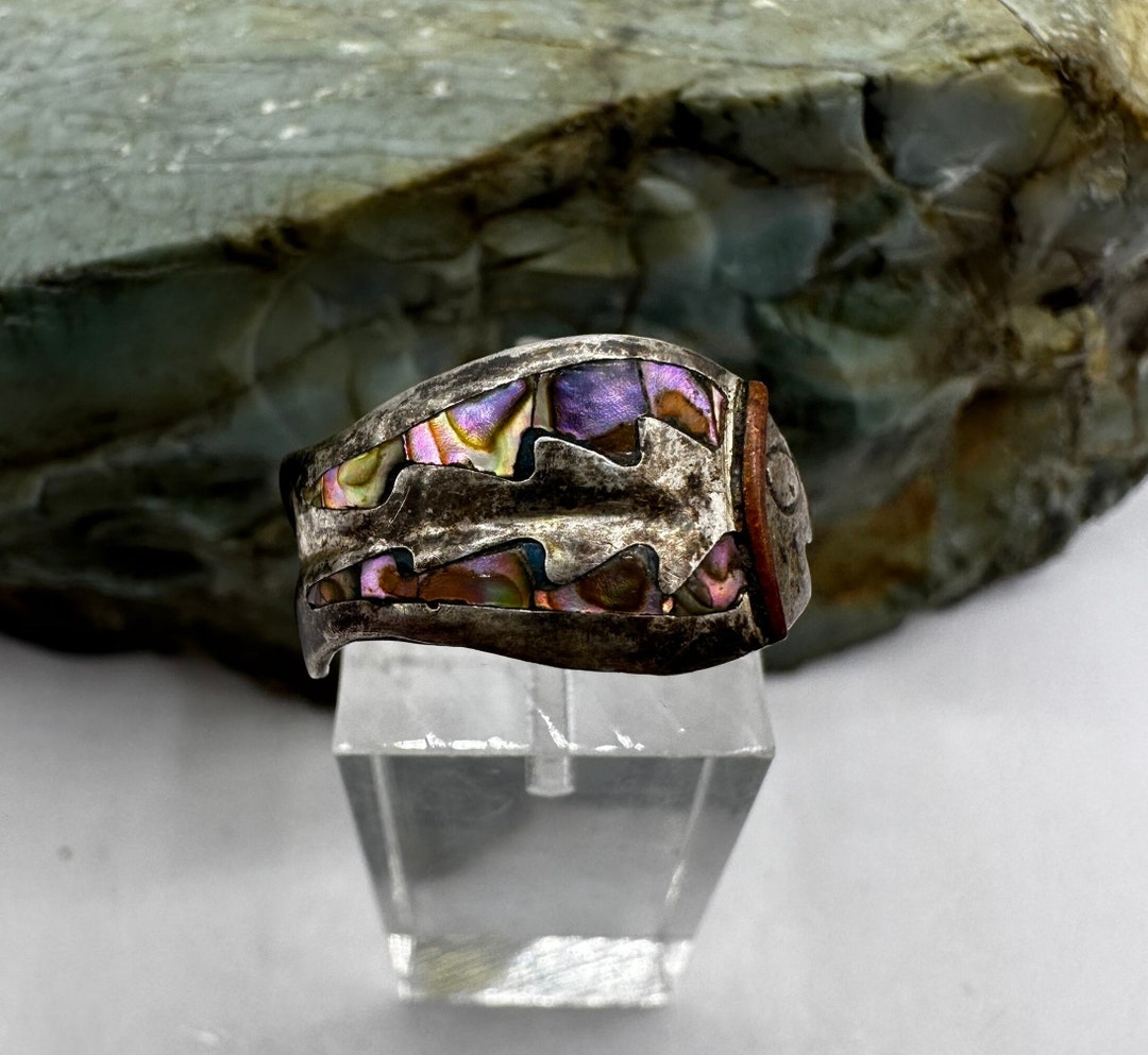 Sterling Silver and Abalone Inlay Fish Ring Sz 6 Adjustable (3985) - Etsy