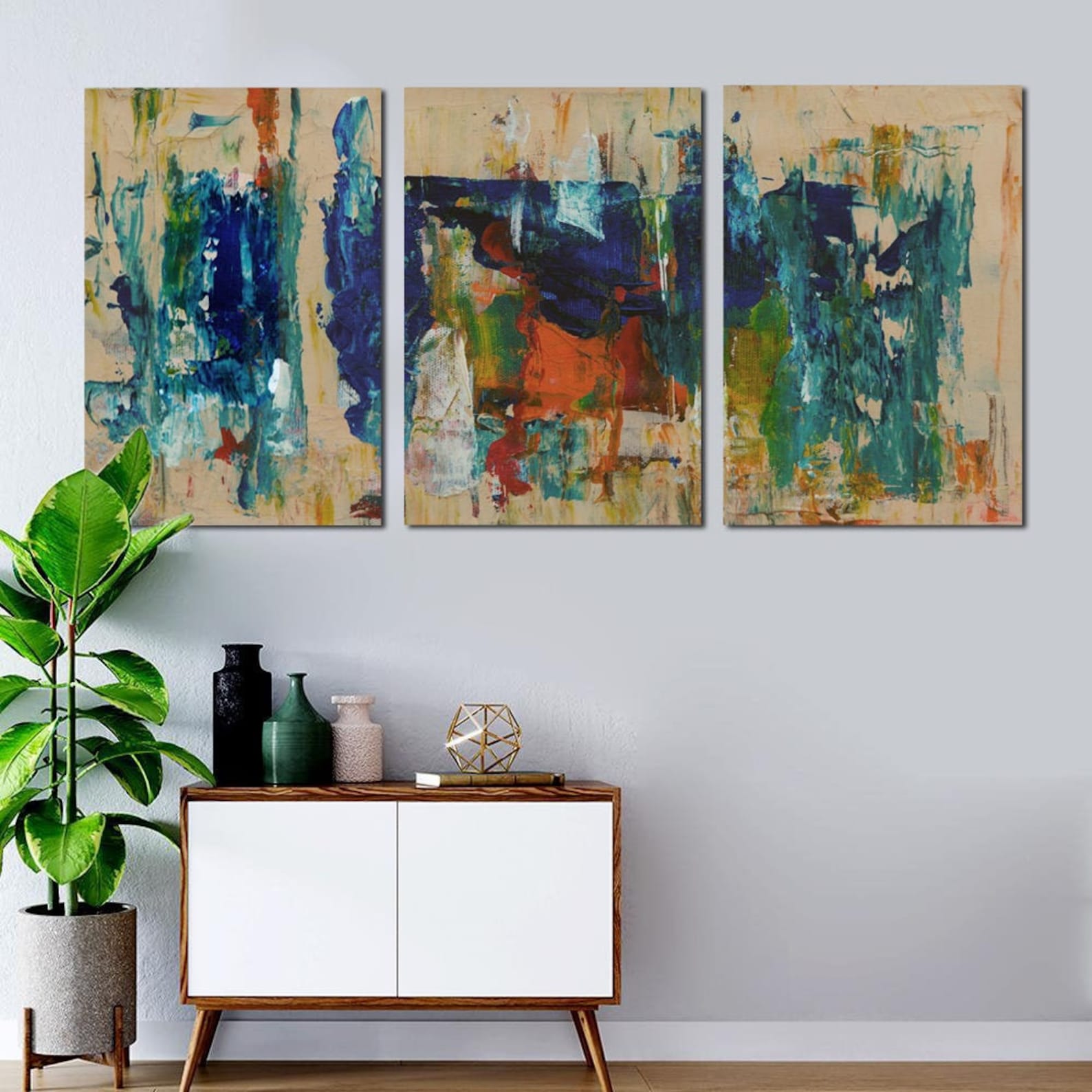 3-teiliges Boho Wandbild, bunte abstrakte Wandkunst, Triptychon ...