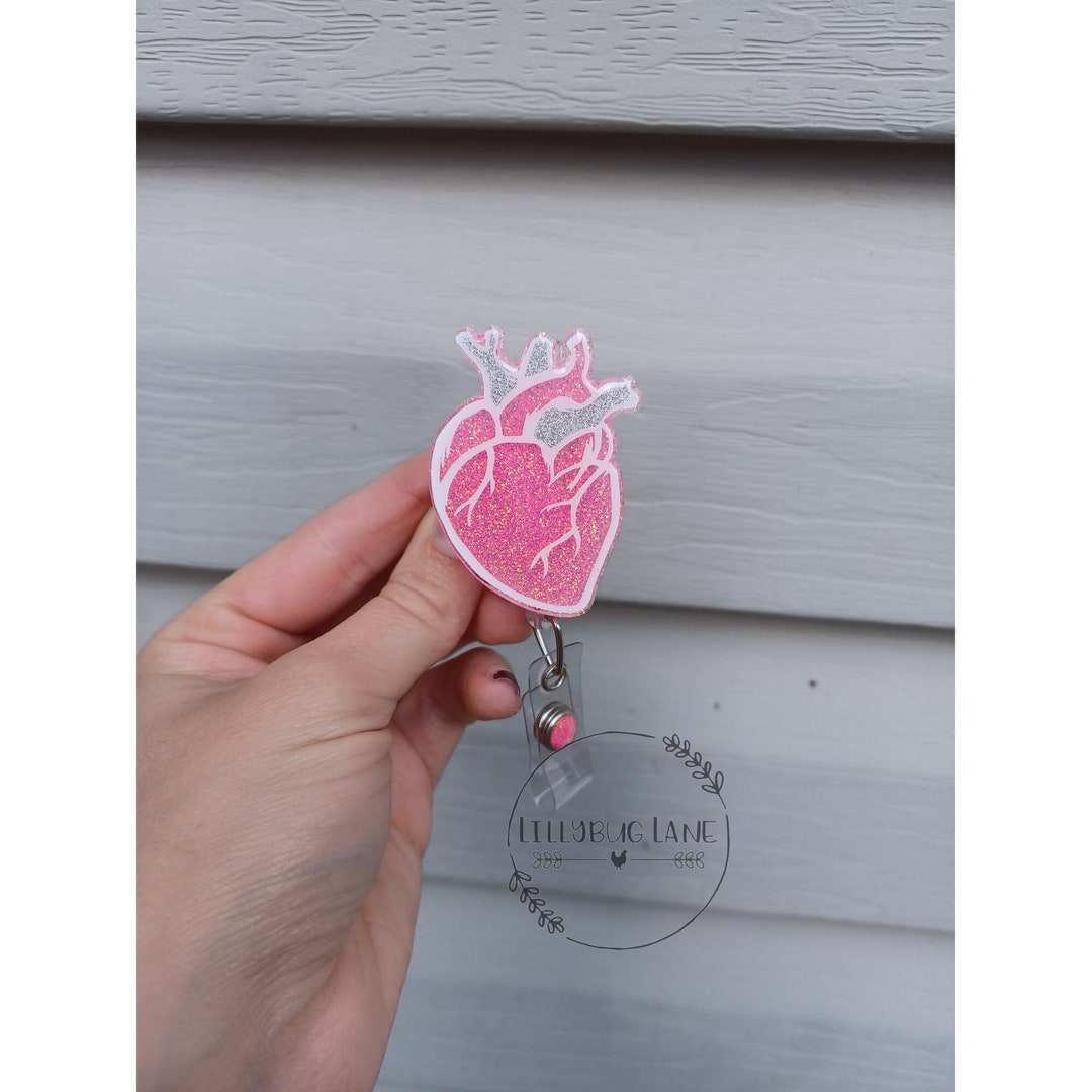 Pink Anatomical Heart Badge Reel, Cardiology ID Tag, Valentine's Day ...