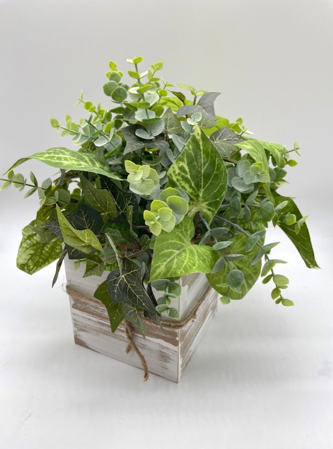 Greenery Centerpiece in Whitewashed Wooden Planter, Fake Plants Mix Pot ...