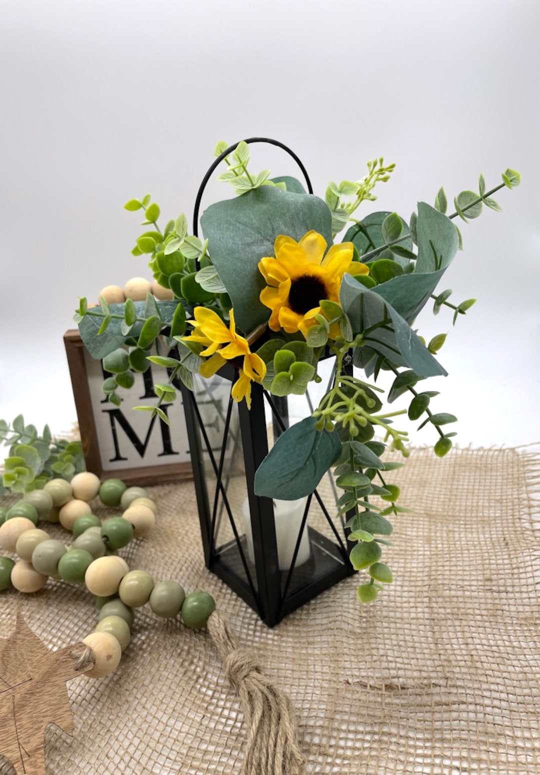 Black Metal Lantern With Artificial Sunflower, Spring Candle Holder ...