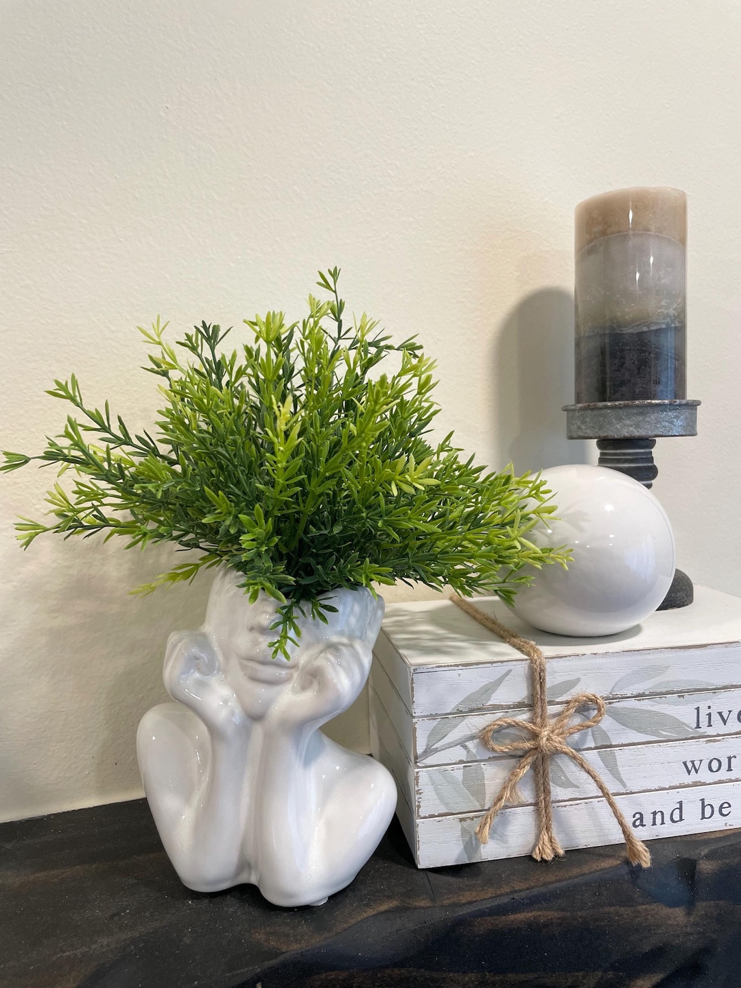 Artificial Greenery in Ceramic Face Vase, Lady Head Vase With Fake ...