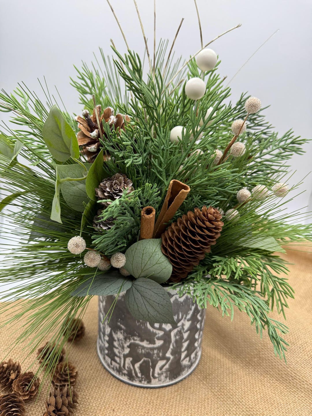 Handmade Winter Arrangement in Rustic Metal Tin, Christmas Centerpiece ...