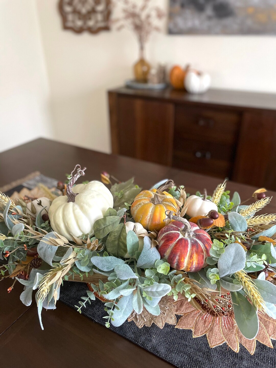 Fall Centerpiece for Dining Table, Autumn Arrangement With Pumpkins ...