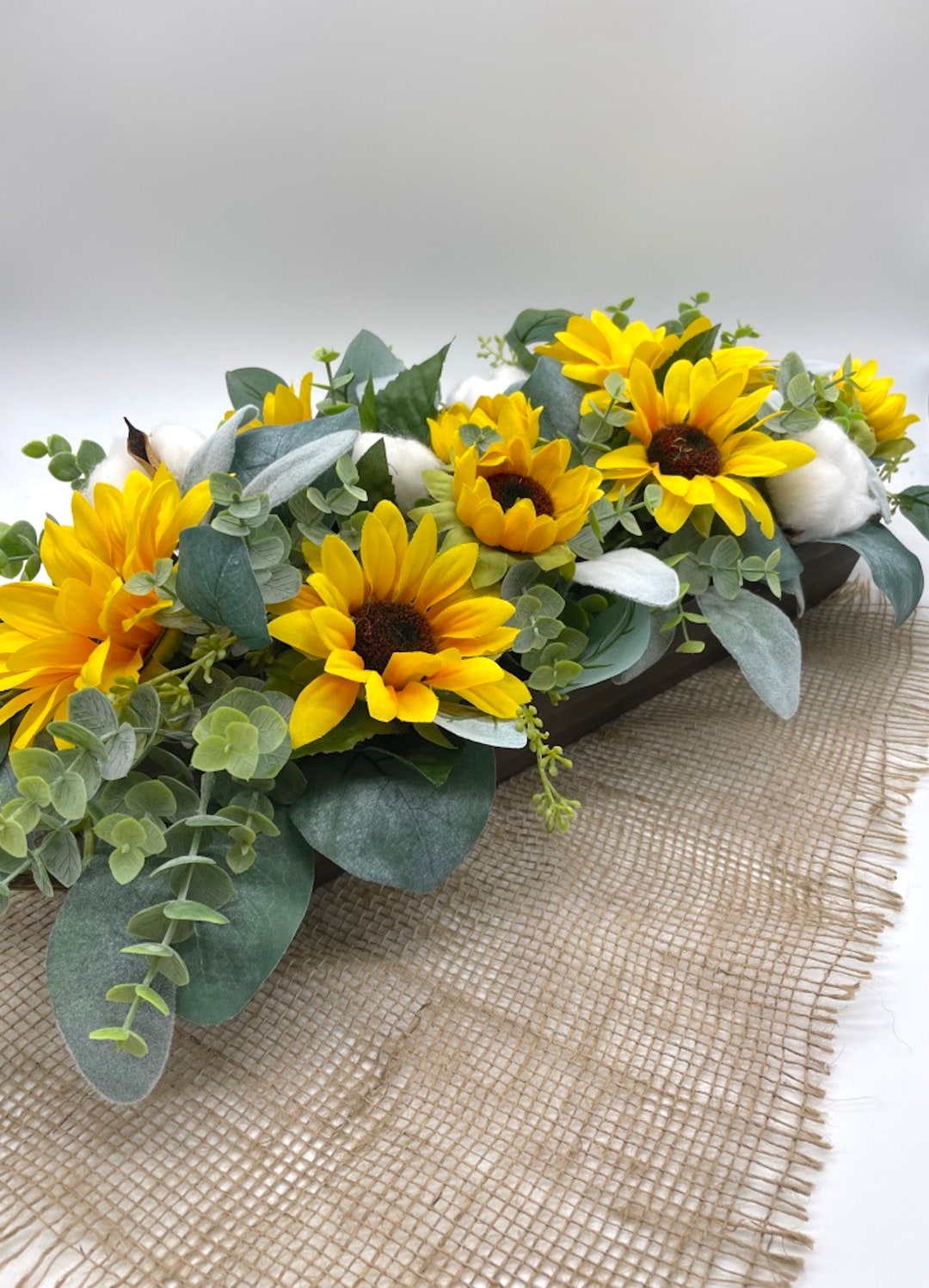Sunflower Centerpiece for Dining Table, Farmhouse Arrangement in Wooden ...
