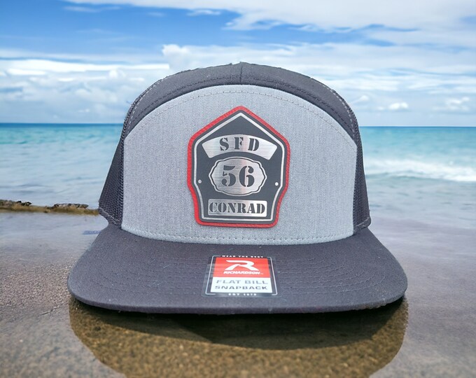 Custom Made Fire Department Shield Brushed Metal on Leather Patch Hat ...