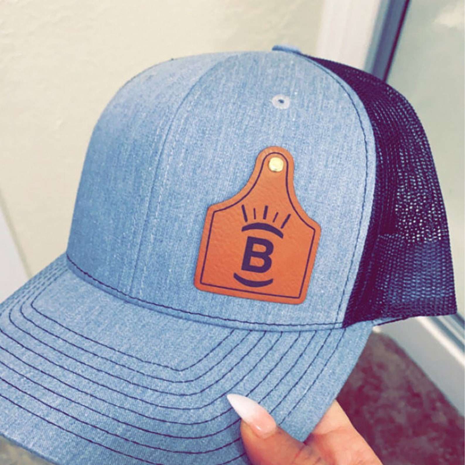 Your Custom Brand Leather Ear Tag Trucker Hat Personalized - Etsy