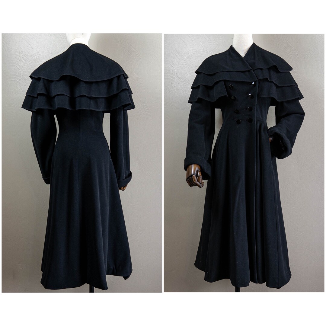 Timeless 30s/40s Black Wool Princesses Coat, Caplet, Jet Glass Buttons ...