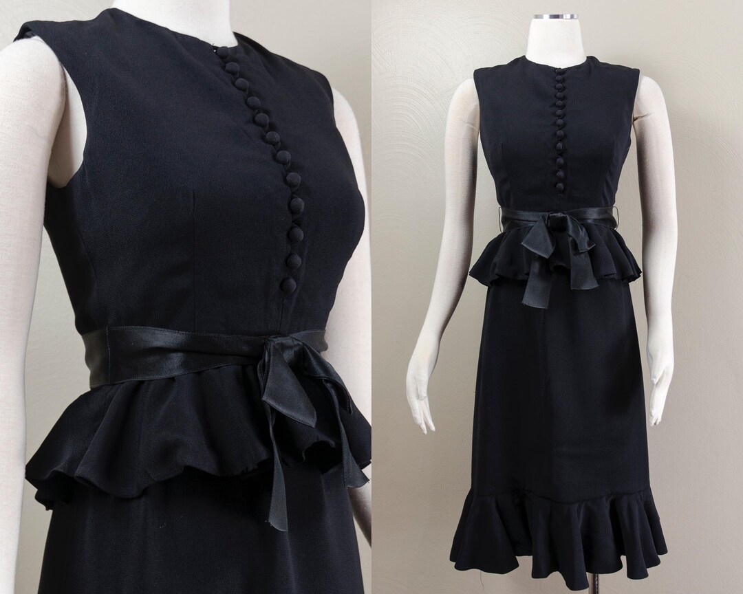 1960s Two Piece Little Black Dress, Peplum Top, Pencil Dress, Silk ...