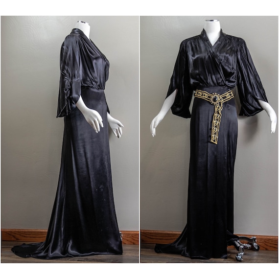 Dramatic 30s Black Crepe Back Stain Dressing Gown, Dr… - Gem