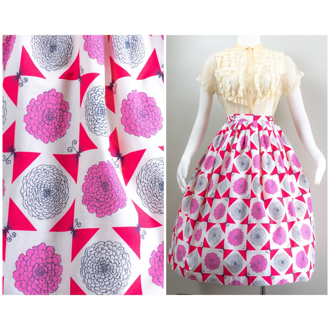 Fun 50s Hot Pink Butterfly and Mums Novelty Print Full Skirt, Medium - Etsy