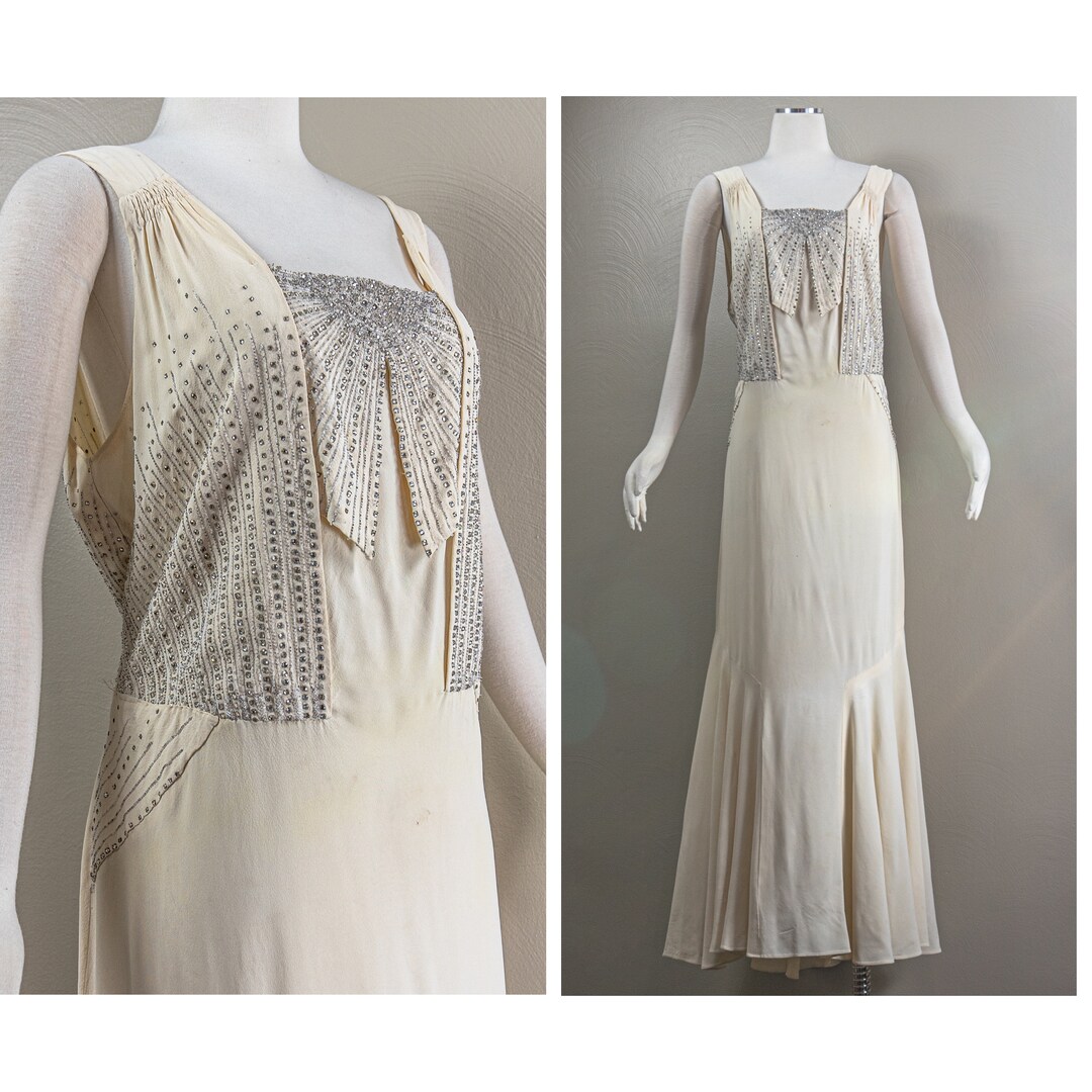 Glamourous 30s Cream Crepe Eveing Gown, Emblished With Rhinestones and ...