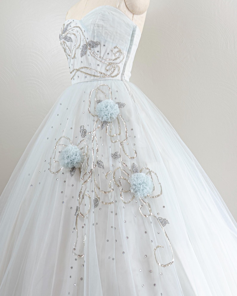 1950s Icy Blue Tulle Ball Gown, Silver Sequins & Rhinestones, Ruffled ...