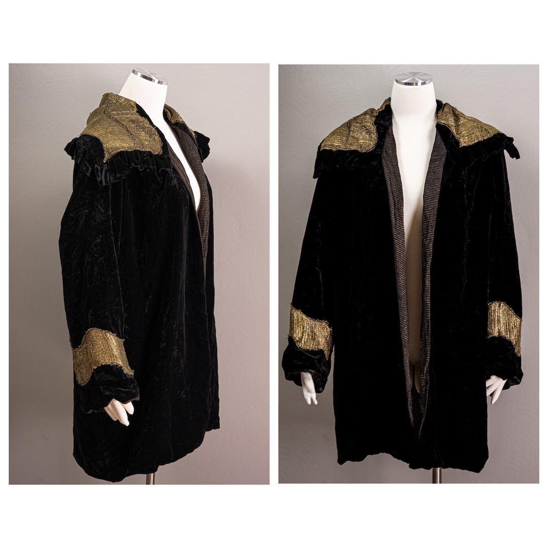 20s/30s Black Silk Velvet Opera Coat: Gold Lame Collar, Art Deco, Extra ...