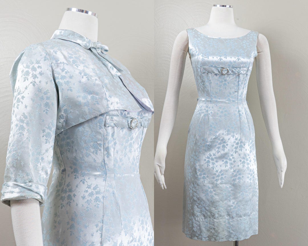 1950s/60s Icy Blue Brocade Wiggle Dress W/ Mini Bolero Jacket, Gay ...