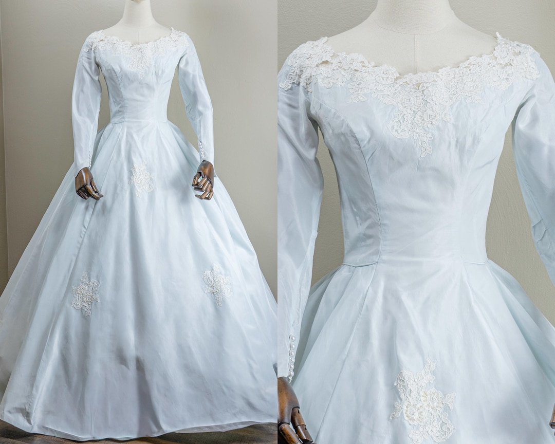 1950s Icy Blue Taffeta Wedding Dress, Lace Pearl Bridal Gown, Full ...