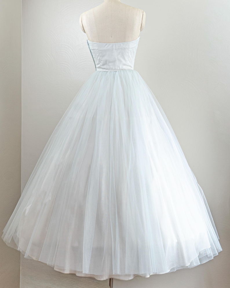 1950s Icy Blue Tulle Ball Gown, Silver Sequins & Rhinestones, Ruffled ...