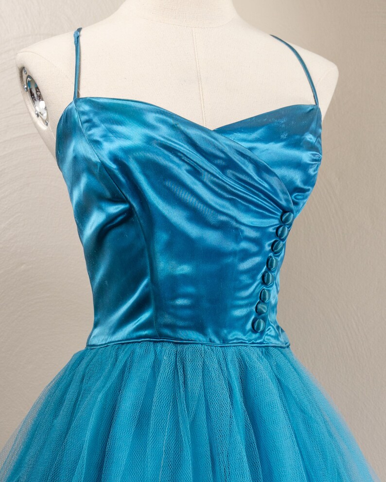 1950s Teal Satin & Tulle Party Dress – Sweetheart Neckline, Boned ...