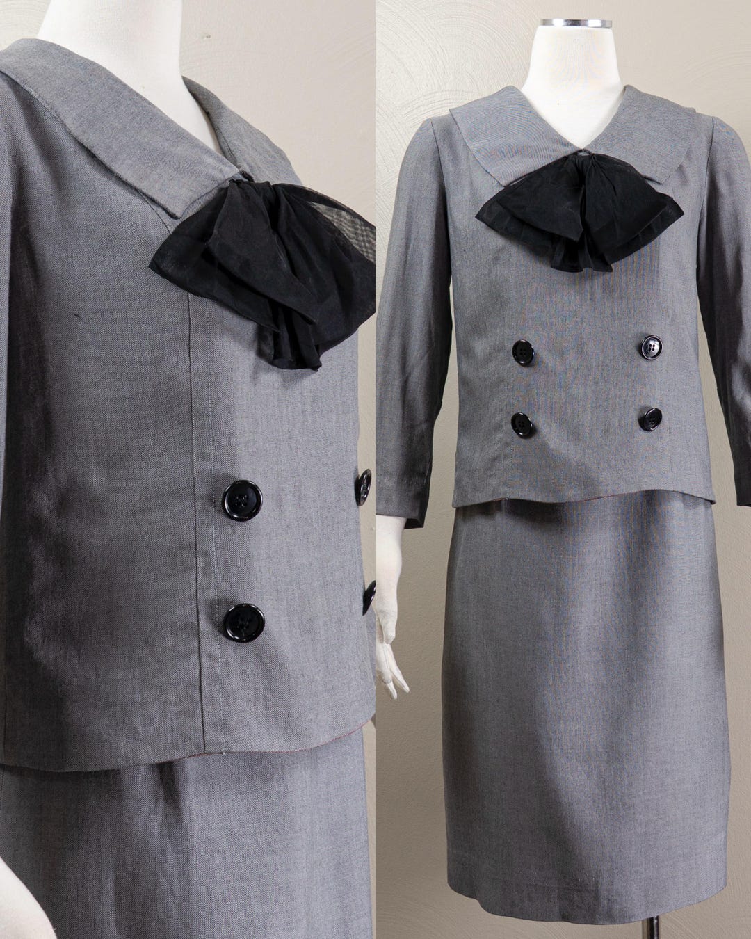 1960s Gray Faux Suit Set • Platter Collar Top W/ Bow • Pencil Skirt ...