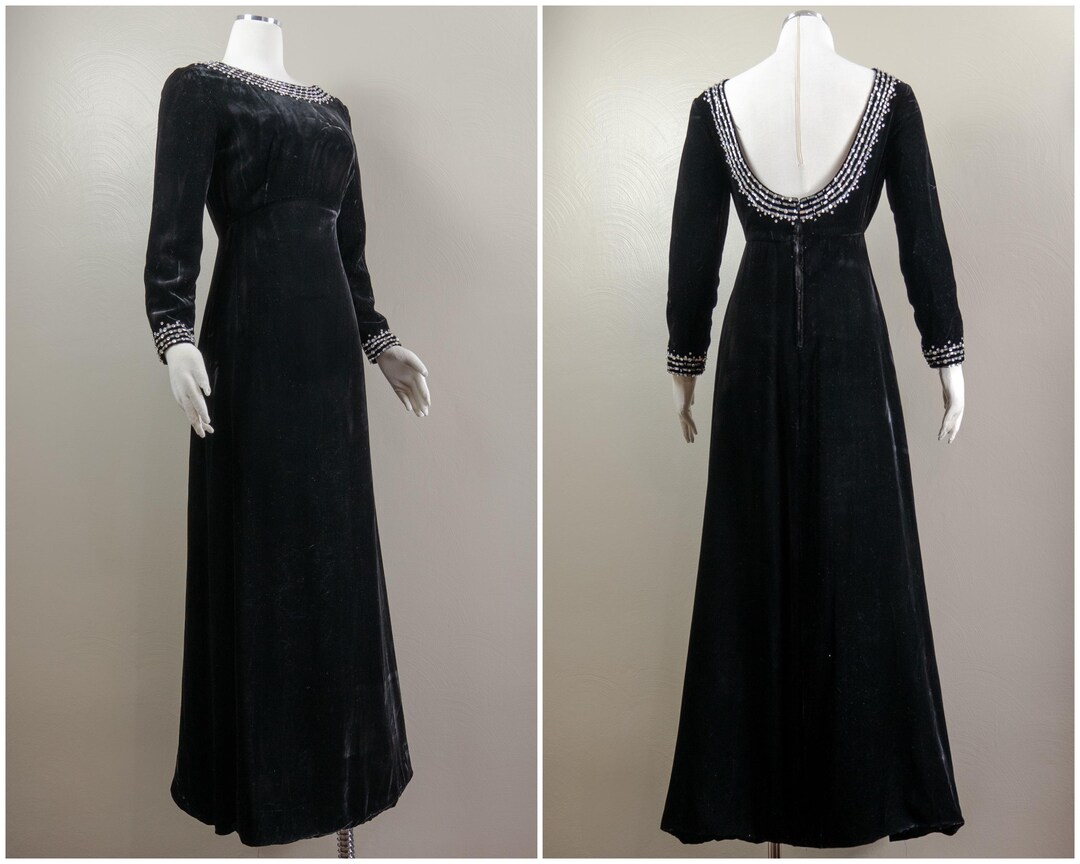 60s Black Velvet Evening Gown: Rhinestone Beaded Low Back Dress ...