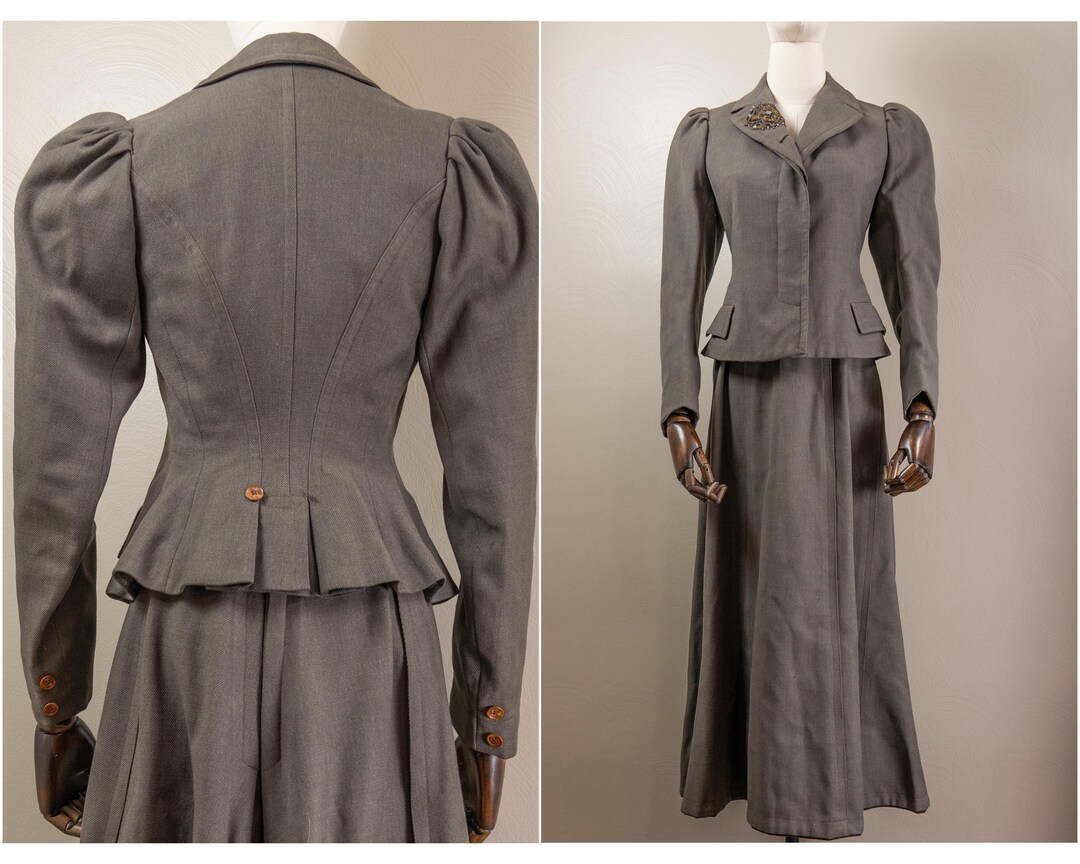 1890s Gray Brown Wool Walking Suit, Leg of Mutton Sleeves, Jacket Style ...