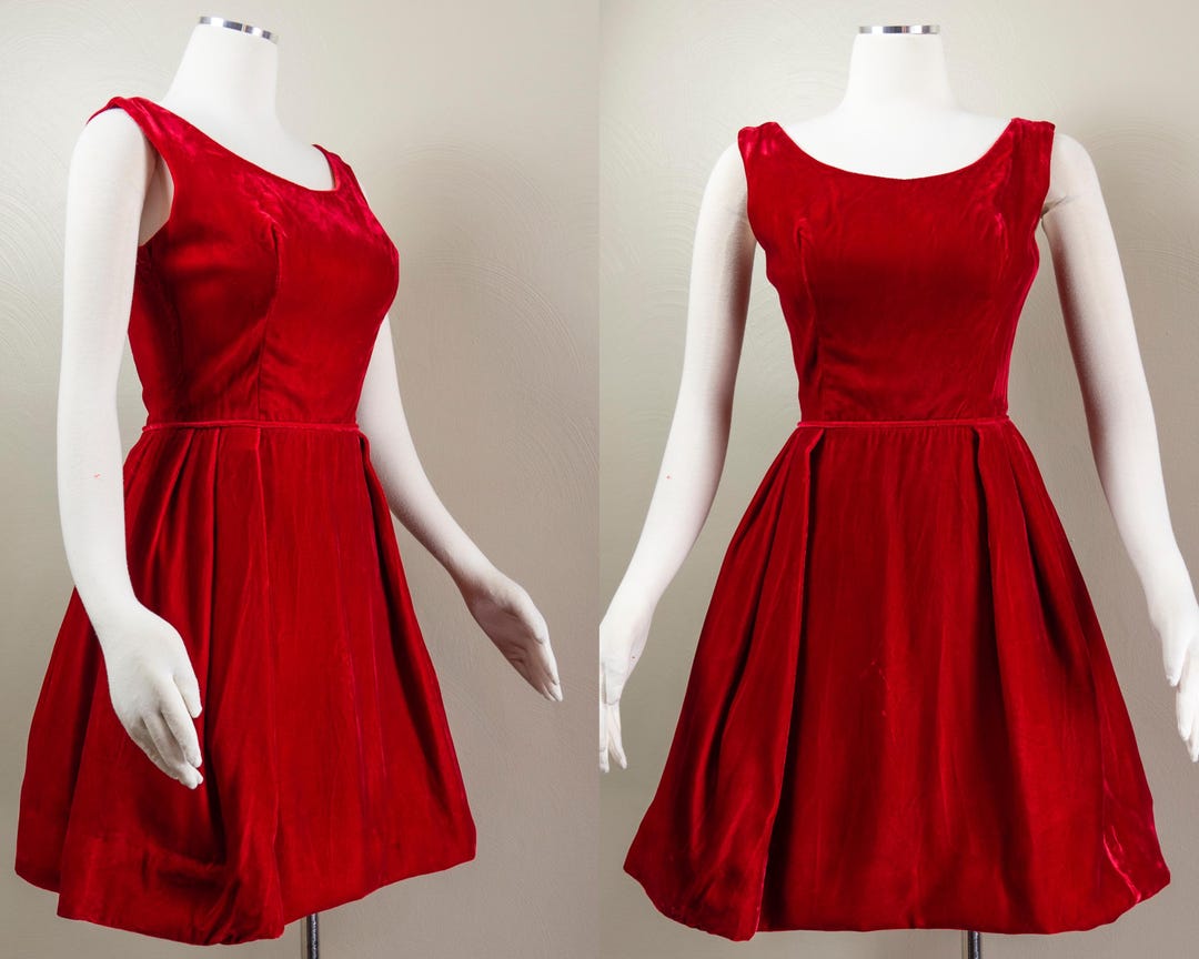 Darling 60s Red Rayon Velvet Party Dress, Mini Skirt, Structured ...