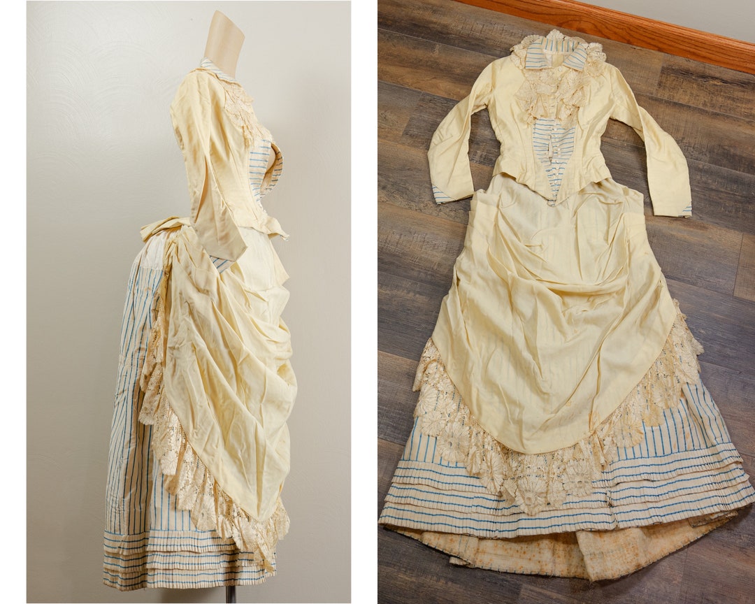 Wonderful 1880s Victorian Cream Wool and Blue Striped Silk Summer Day ...