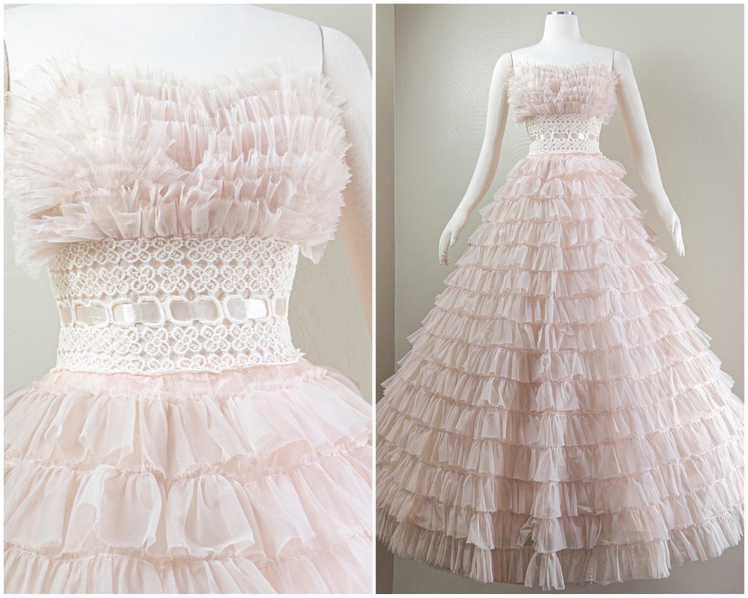 1950s Pink Nylon Ruffle Ball Gown: Sweetheart Neckline, Bouffant Skirt ...