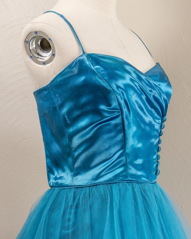 1950s Teal Satin & Tulle Party Dress – Sweetheart Neckline, Boned ...