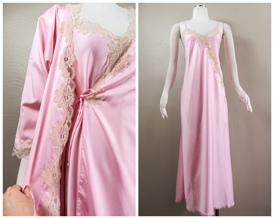 80s Pink Poly Satin Peignoir Set With Beige Lace, Slip Dress, and Robe ...