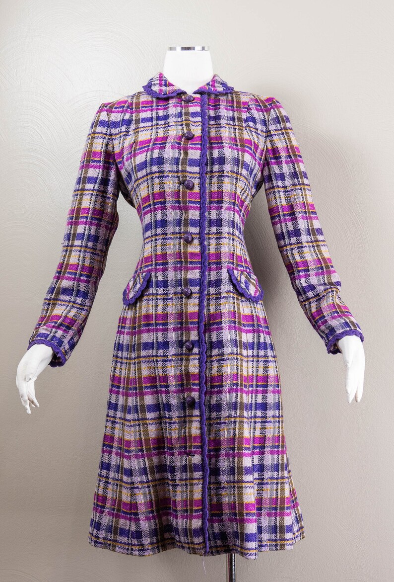 Fun and Funk Purple Plaid Wool Knit Coat, Princesses Seams, Pockets ...