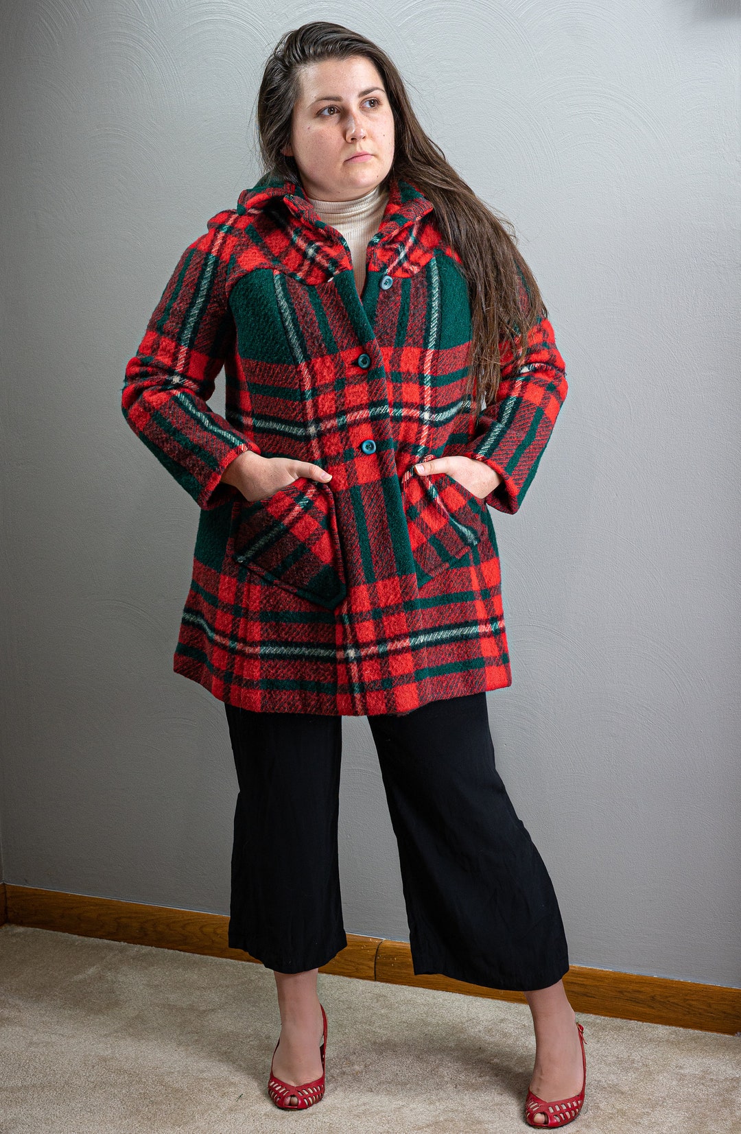 Vintage 60s Plaid Wool Car Coat: Mod, Green & Red, Made in Ireland ...