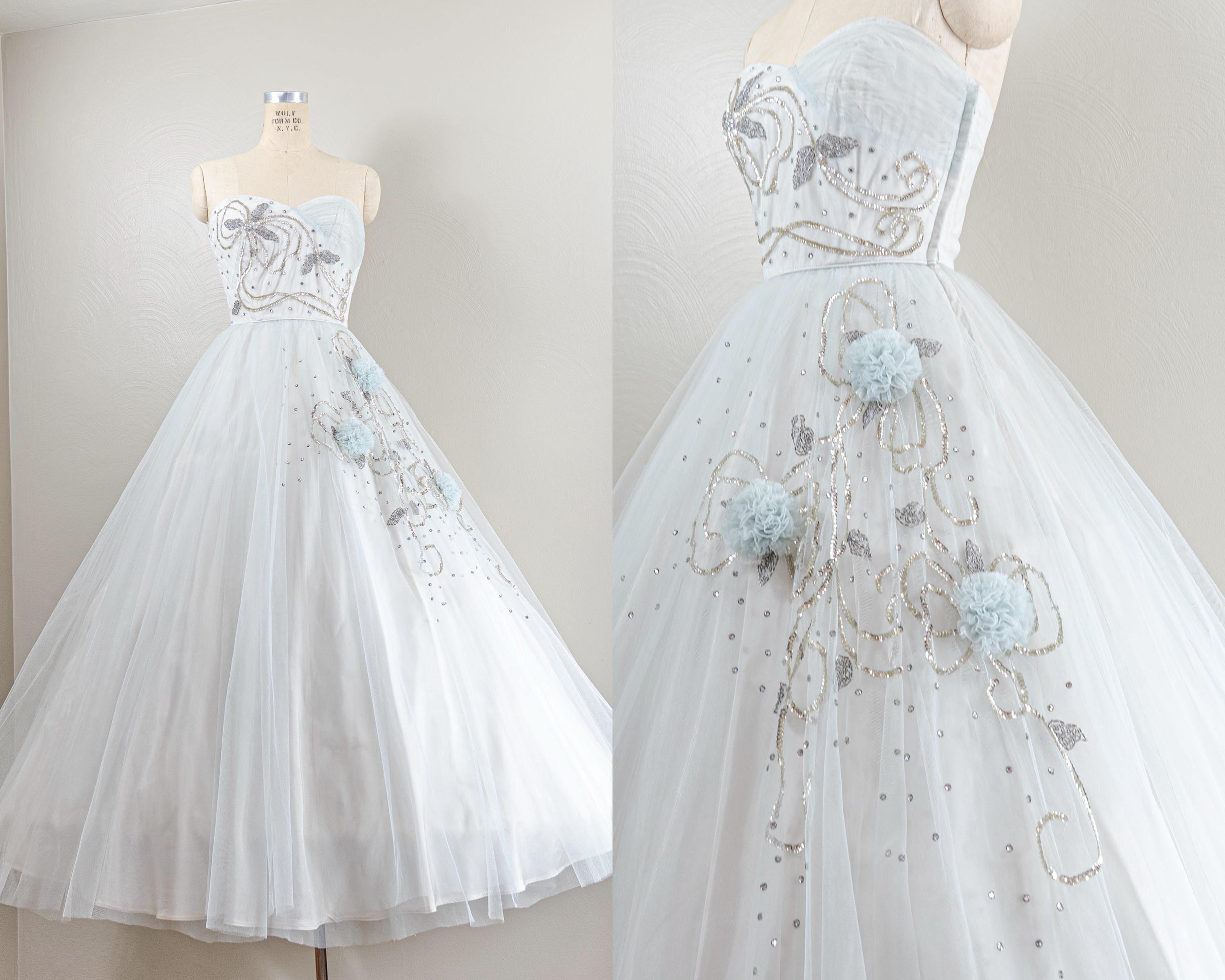 1950s Icy Blue Tulle Ball Gown, Silver Sequins & Rhinestones, Ruffled ...