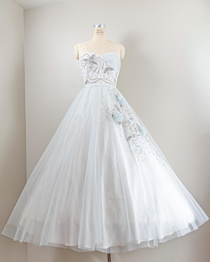 1950s Icy Blue Tulle Ball Gown, Silver Sequins & Rhinestones, Ruffled ...