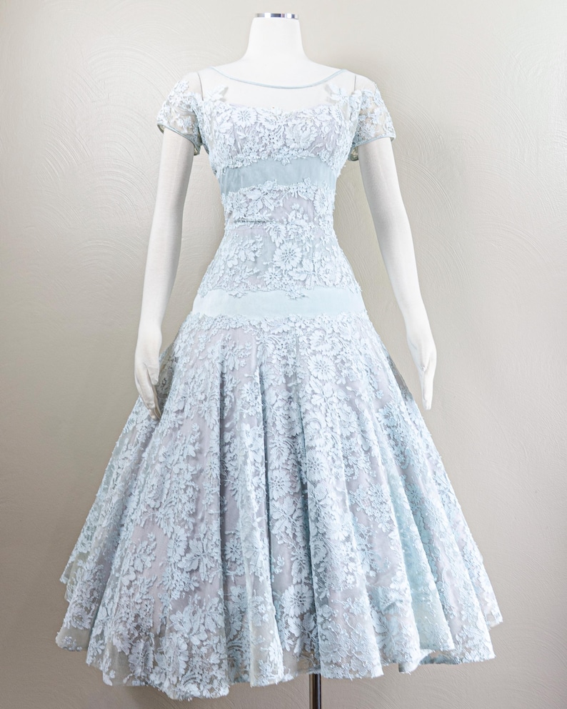 1950s Icy Blue Lace & Satin Party Dress, Drop Waist Full Skirt, Swanson ...