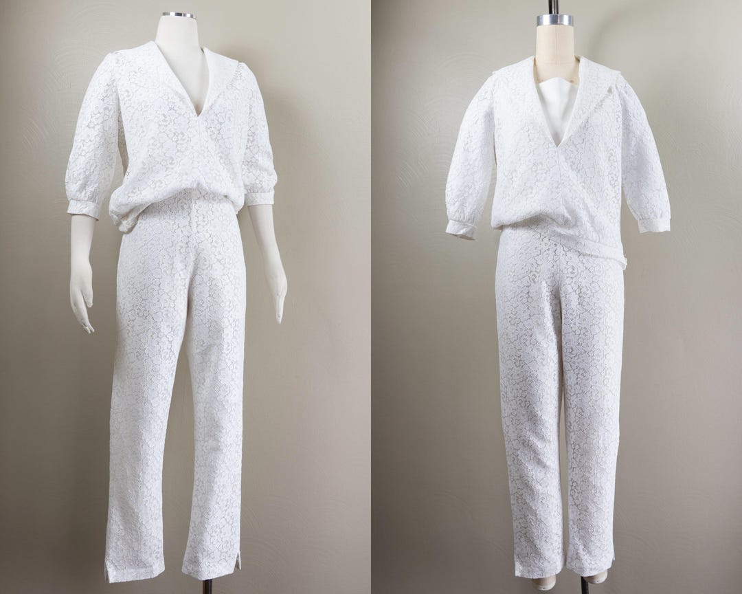 1950s White Lace Two-piece Set, Sailor Collar Blouse & Cigarette Pants ...