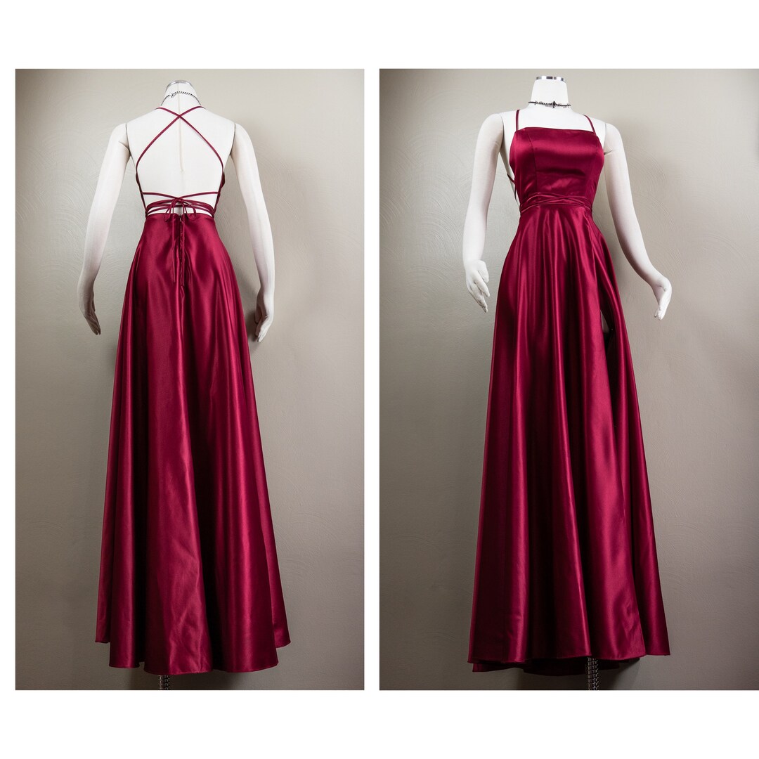 Stunning 90s/y2k Blood Red Satin Gown, Backless With Lace up Ties ...