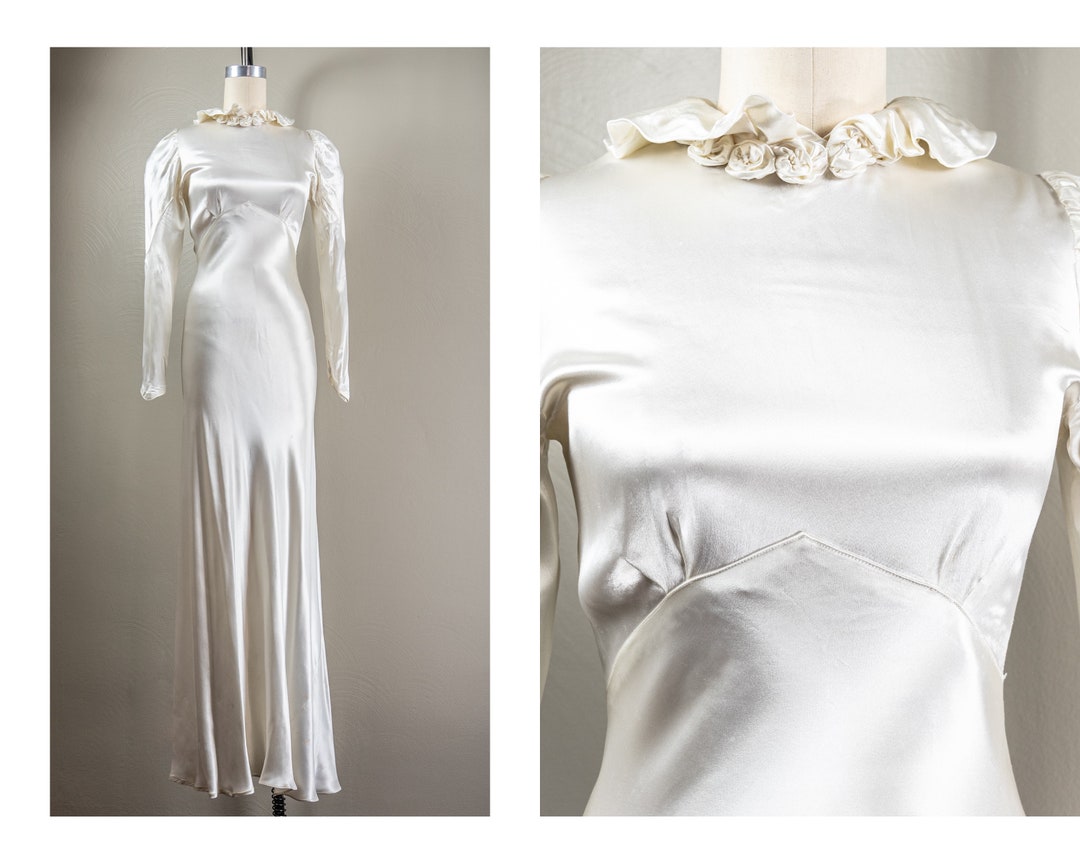 Glamorous 30s Liqued Satian Evening/wedding Gown, Long Sleeves, Ruffled ...