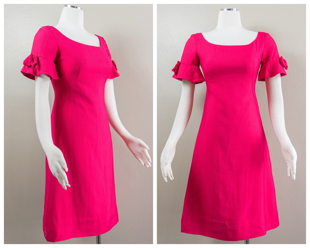 Chic 60s Hot Pink Wool Emma Domb Shift Dress, Bow Flutter Sleeves ...