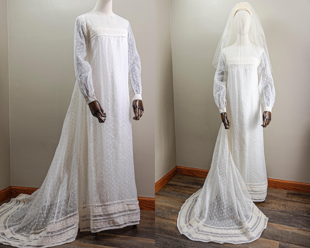 60s Regency Style Wedding Dress: Embroidered Cotton Organdy Gown With ...