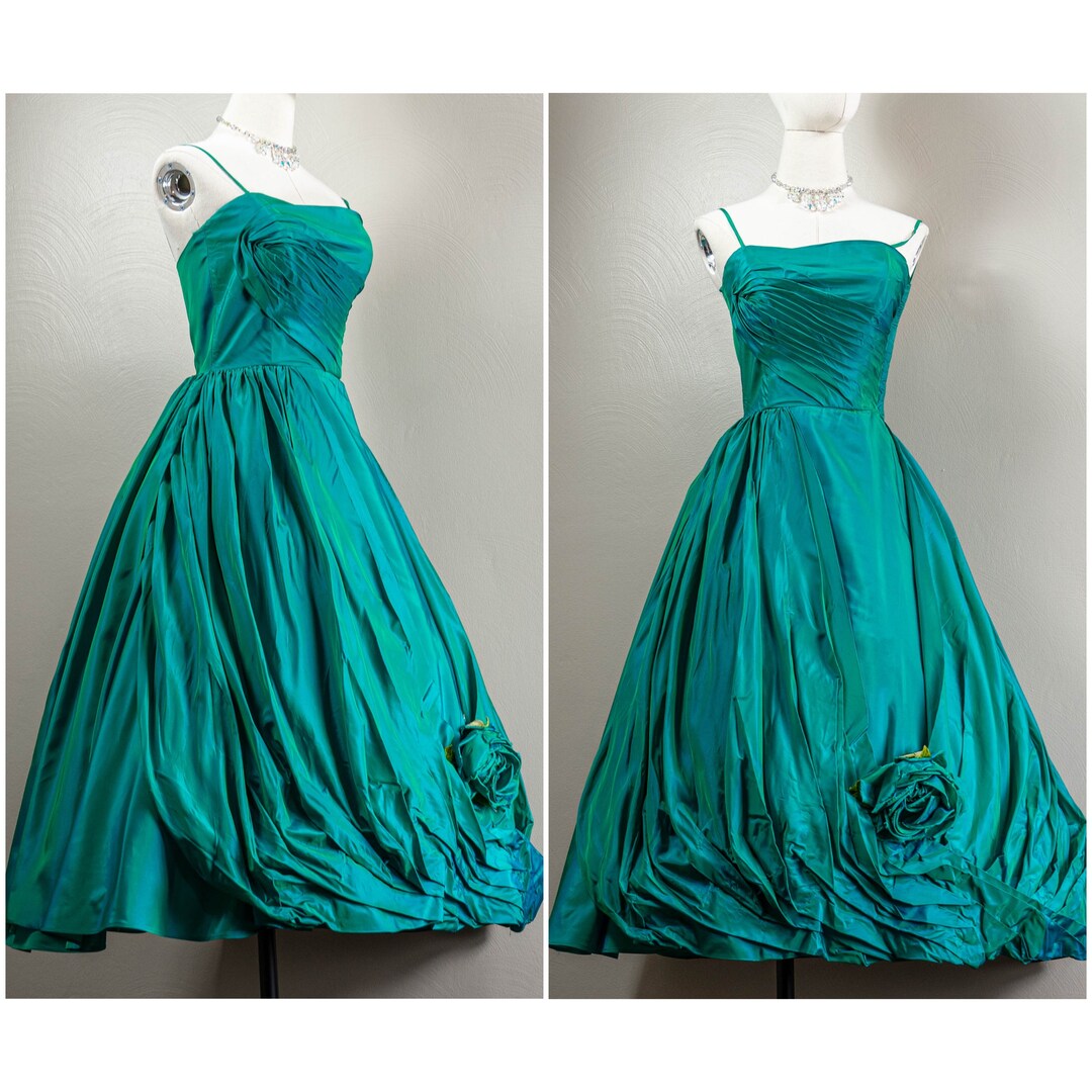 Lovely 50s Green Blue Iridescent/shift Taffeta Pleated Party Dress ...