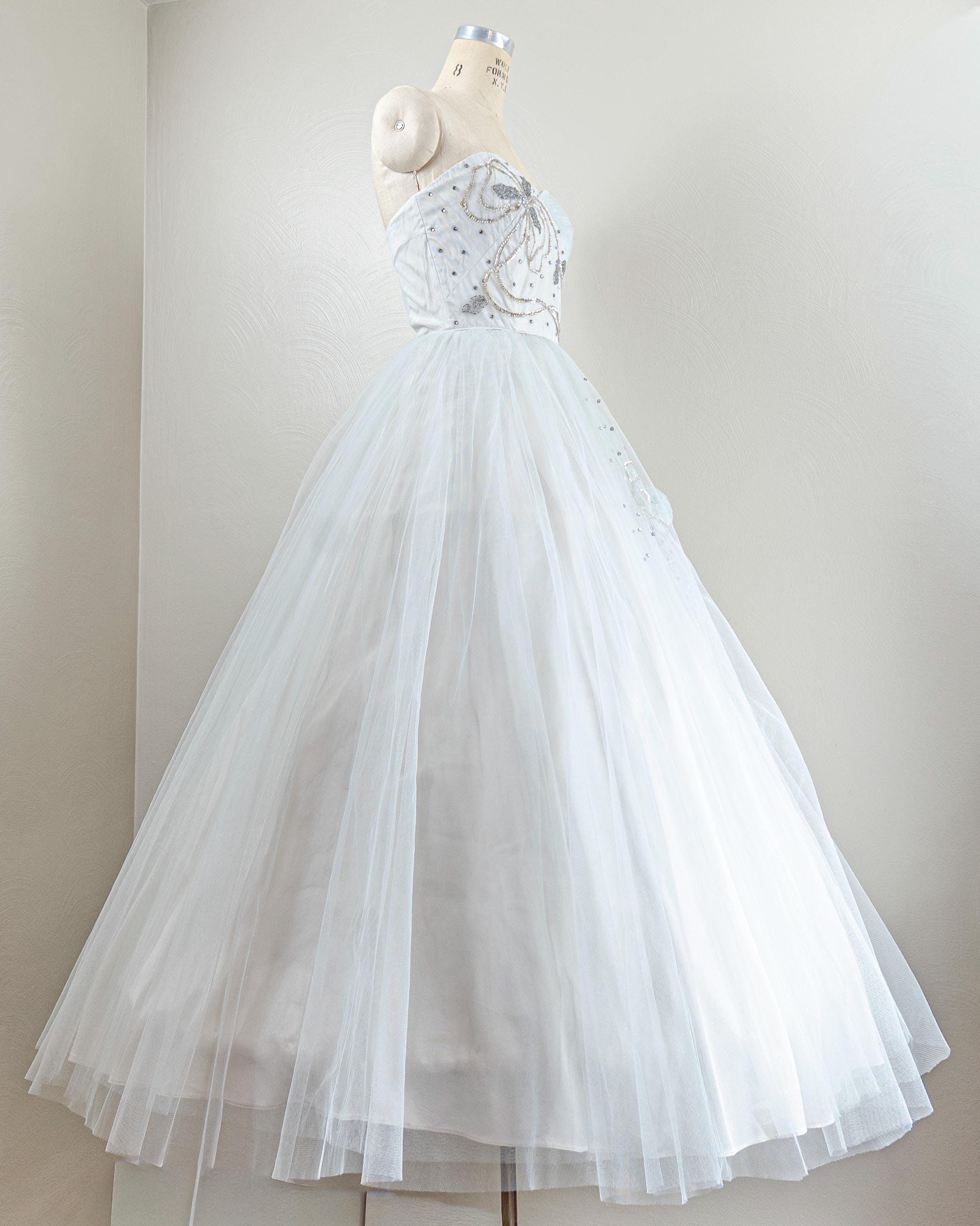 1950s Icy Blue Tulle Ball Gown, Silver Sequins & Rhinestones, Ruffled ...