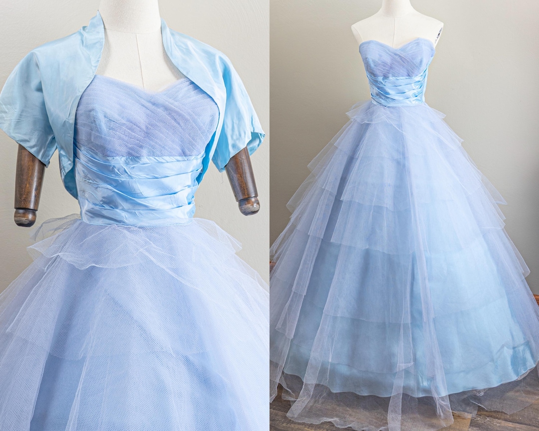 1950s Icy Blue Tulle & Taffeta Ball Gown With Bolero, Strapless, Fred ...