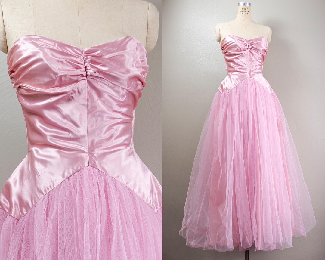 Vintage 40s/50s Pink Satin Tulle Party Dress: Ruched Bust Maxi Skirt ...