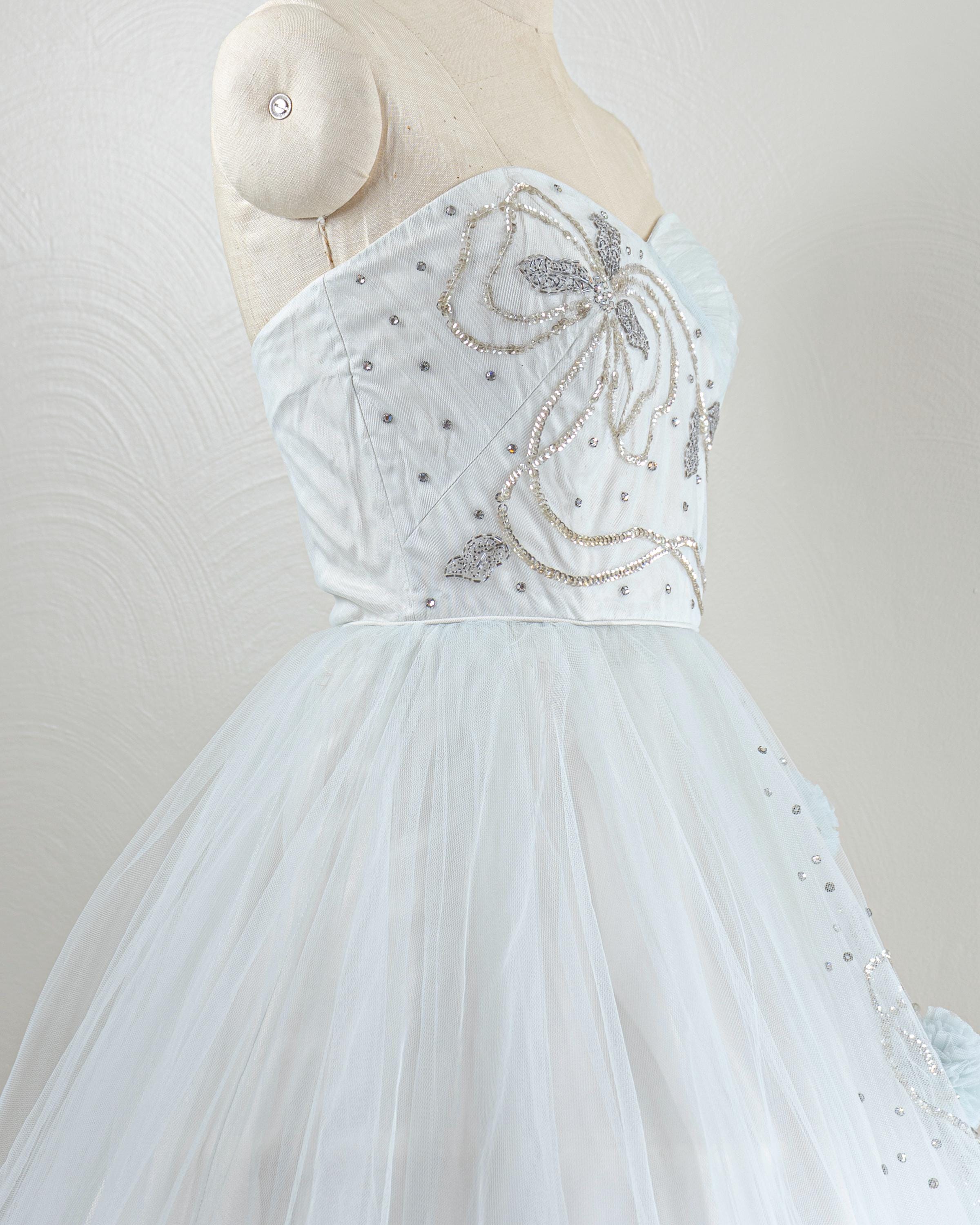 1950s Icy Blue Tulle Ball Gown, Silver Sequins & Rhinestones, Ruffled ...