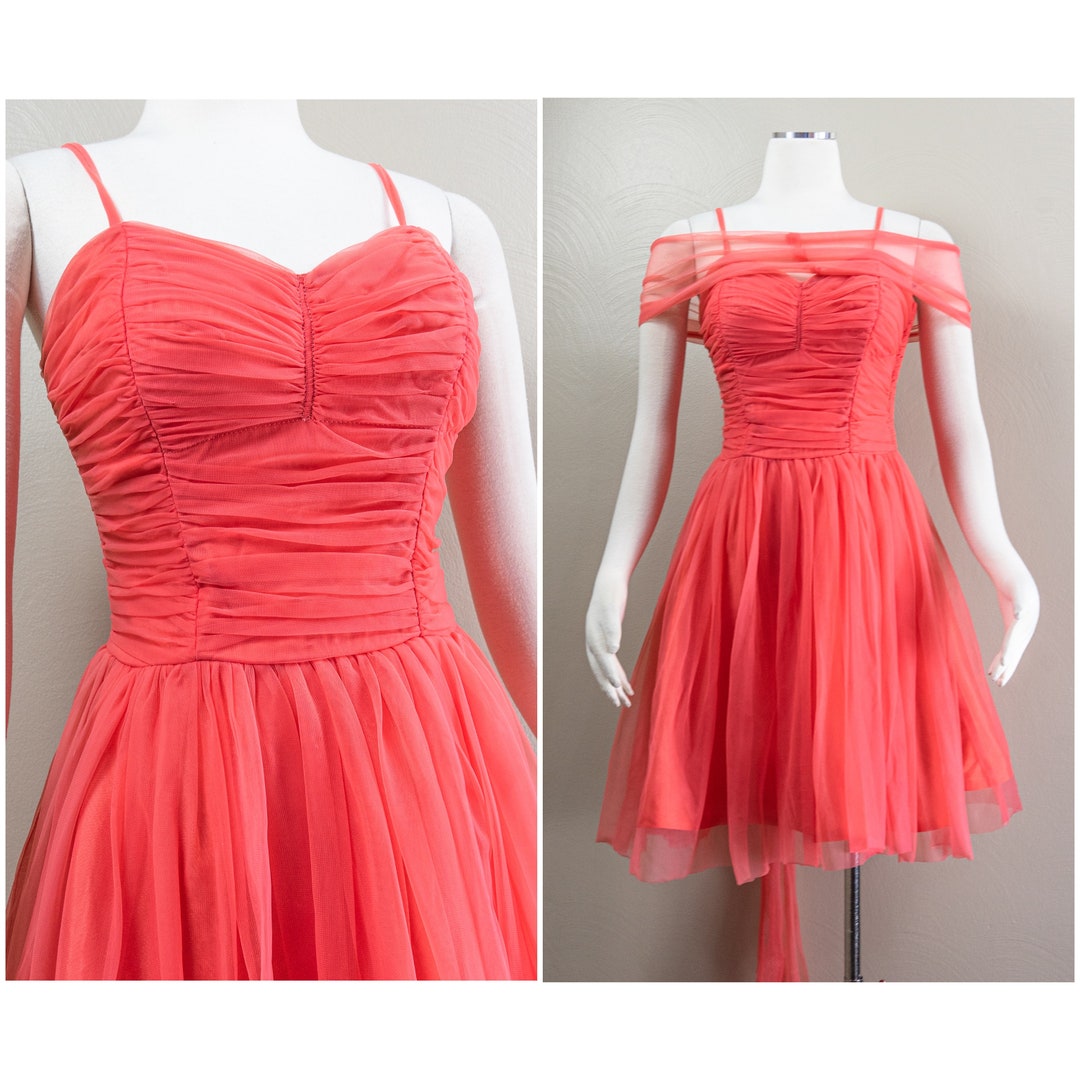 Darling 50s/60s Coral Nylon Chiffon Party Dress, Mini Length ...