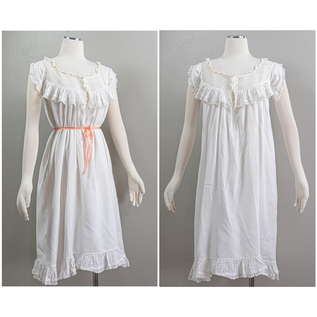 Antique Edwardian White, Linen, Shift/chemise, Lace Yoke, Ruffles ...
