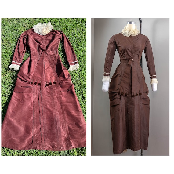 Antique c. 1870s-1880s Brown Silk Taffeta Wrapper Dre… - Gem