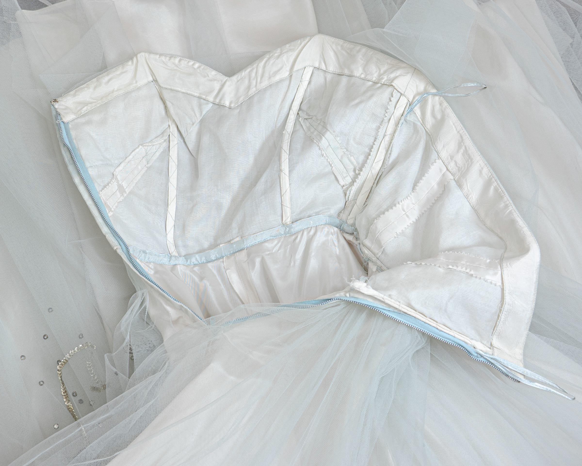 1950s Icy Blue Tulle Ball Gown, Silver Sequins & Rhinestones, Ruffled ...