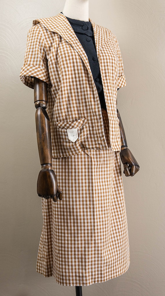 Chic Academia Styled 50s/60s Brown Gingham Suit Set, … - Gem
